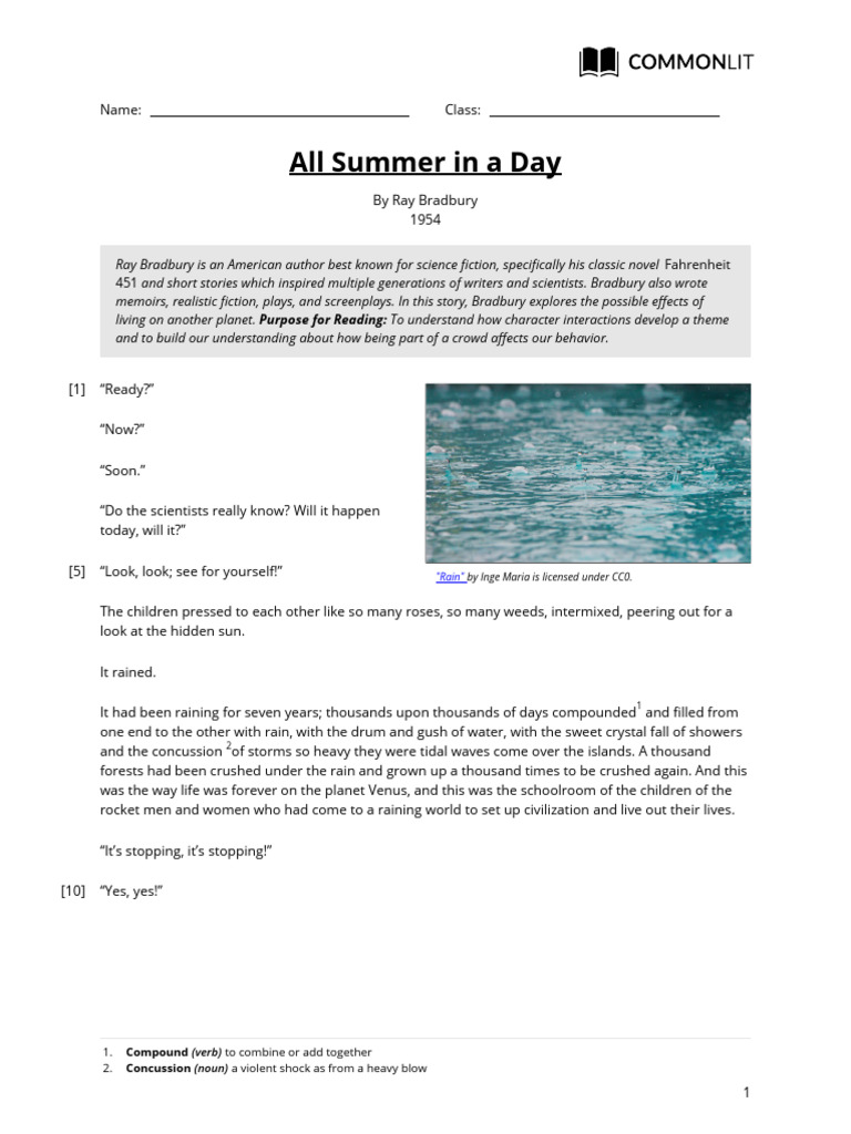All Summer in A Day | PDF | Young Adult