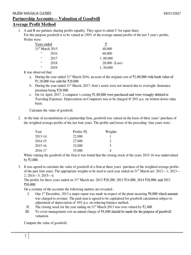 Valuation of Goodwill in Partnership Accounts | PDF | Goodwill ...