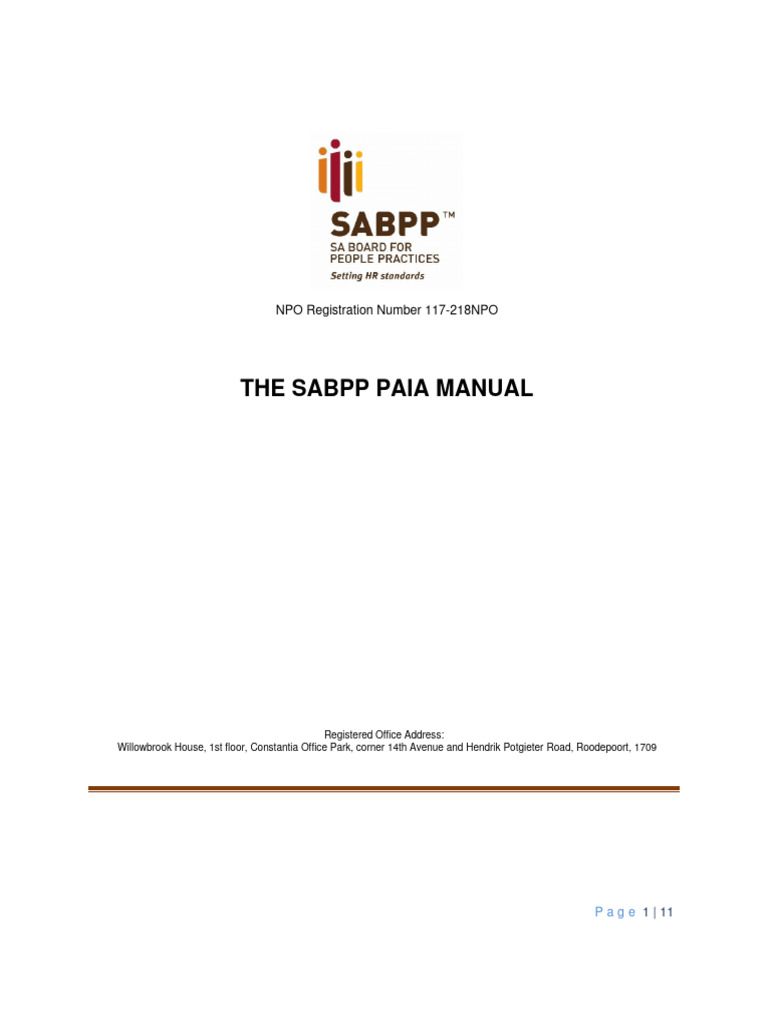 The Sabpp Paia Manual: NPO Registration Number 117-218NPO | PDF