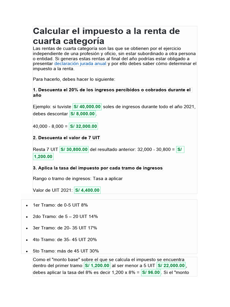 Calcular el impuesto a la renta de cuarta categoría 2022 | PDF | Impuestos | Impuesto sobre la renta