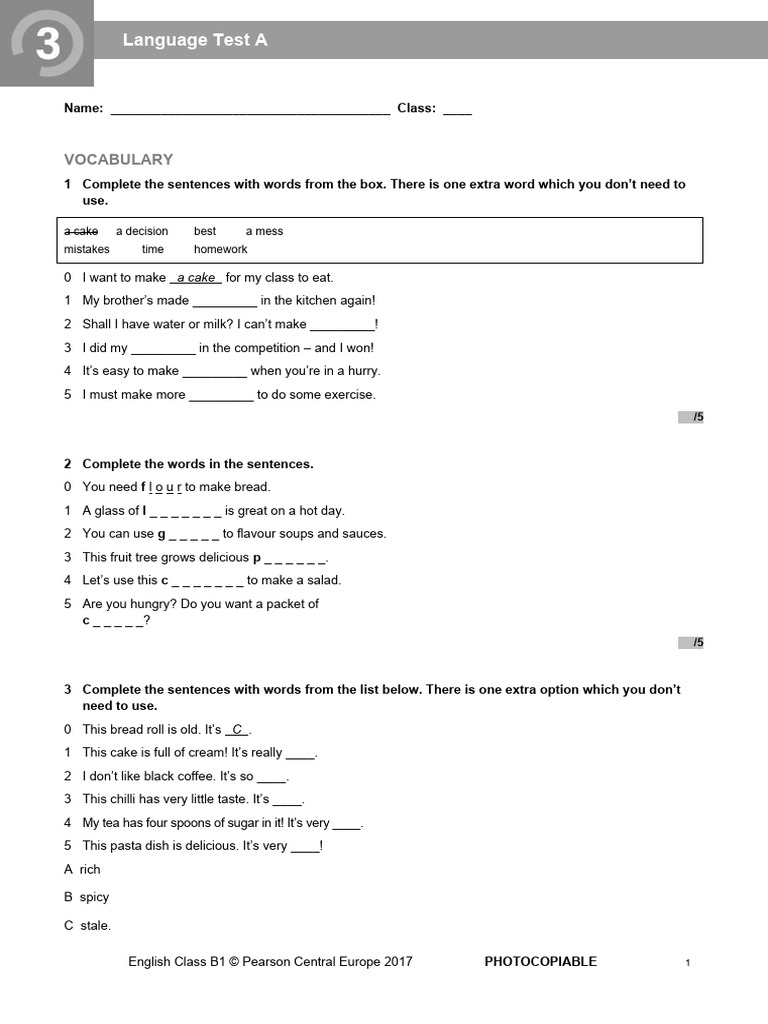 ECB1 Tests Language Test 3A | PDF | English Language | Cuisine
