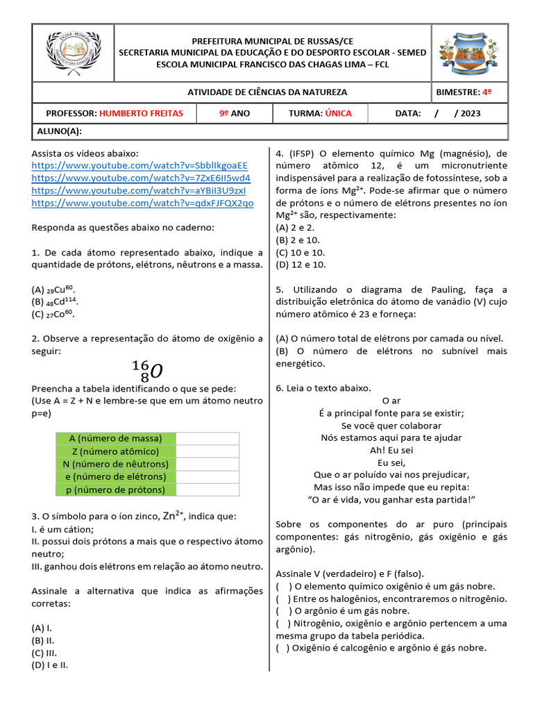 9º Ano - Atividade - Átomos - Elementos Químicos - Tabela Periódica ...