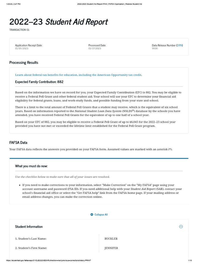JENNIFER BUCKLER 2022-2023 Student Aid Report Print - FAFSA Application ...
