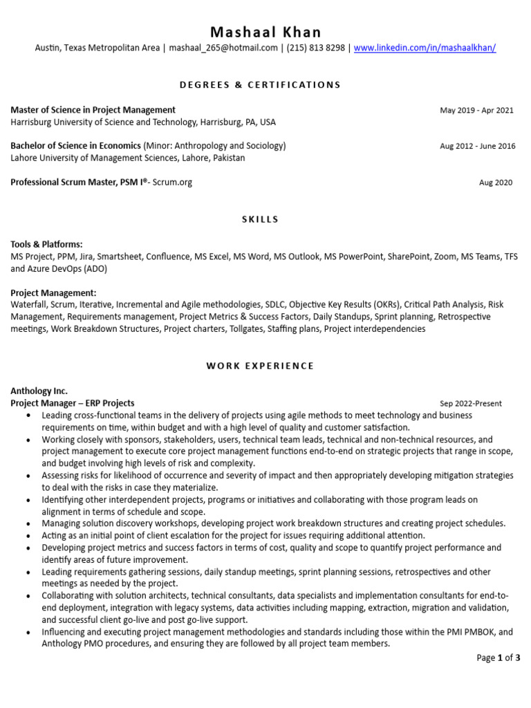 Mashaal - Khan - Resume 1 19 23 | PDF | Project Management | Agile Software Development