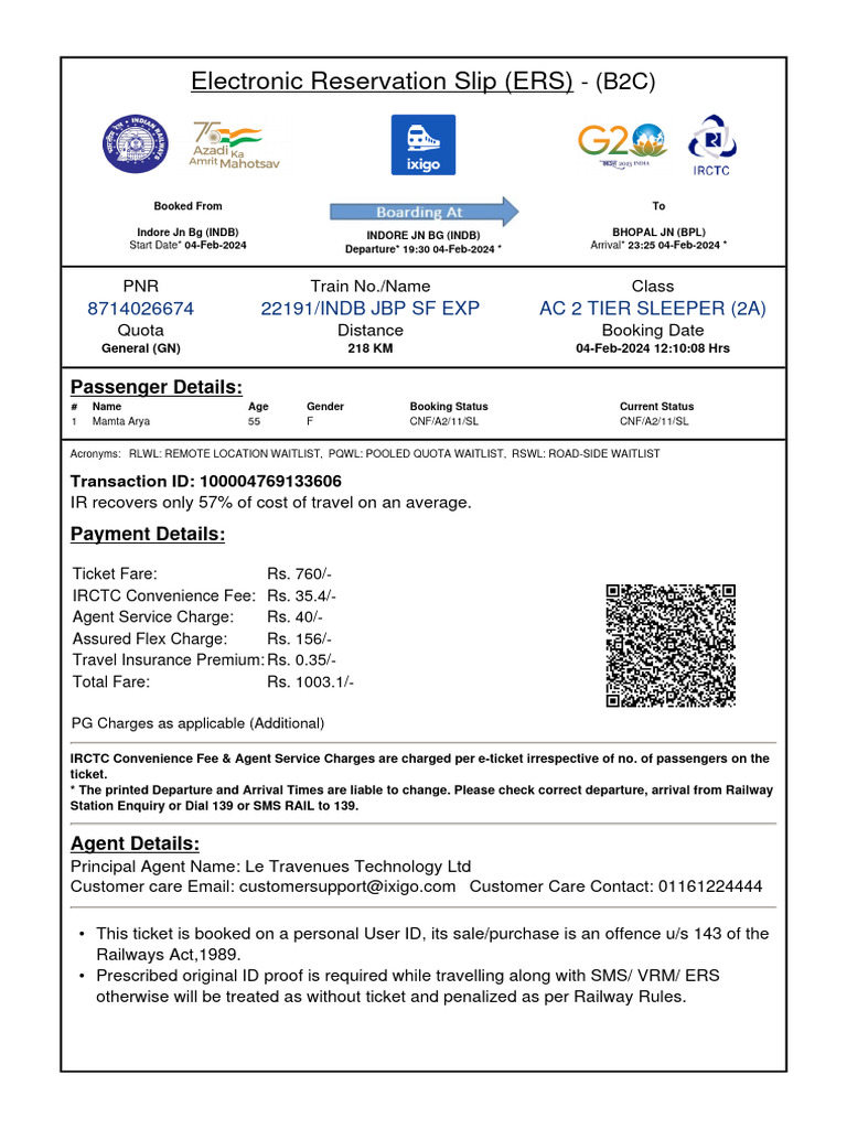 Electronic Reservation Slip (ERS) : 8714026674 22191/indb JBP SF Exp Ac 2 Tier Sleeper (2A ...