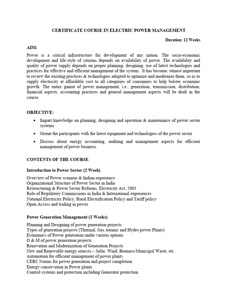 Certificate Course in Electric Power Management | PDF | Electrical Substation | Electric Power ...