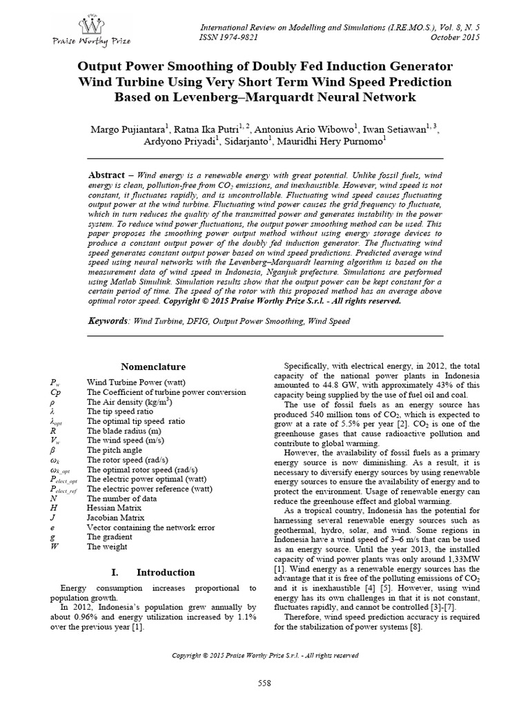 Output Power Smoothingof Doubly Fed Induction Generator Wind Turbine Using Very Short Term Wind ...