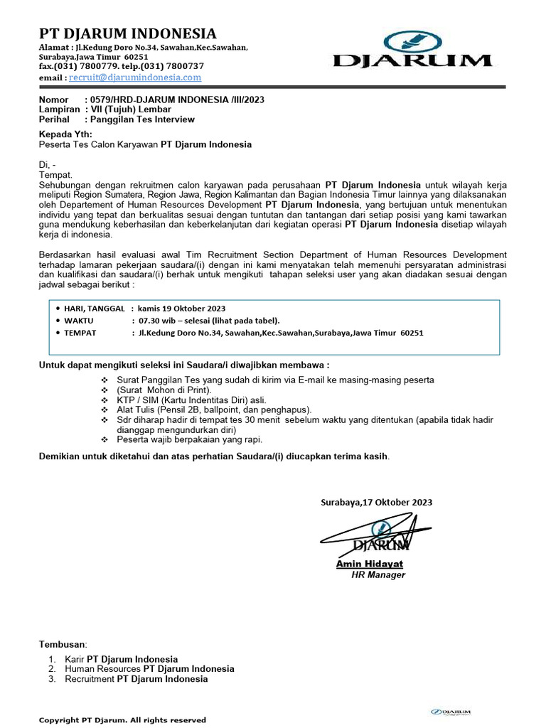 Surat Panggilan Interview PT Djarum Indonesia 2023 | PDF