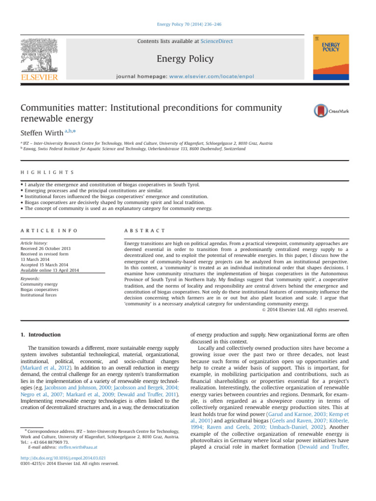 Communities Matter - Institutional Preconditions For Community Renewable Energy | PDF | Biogas
