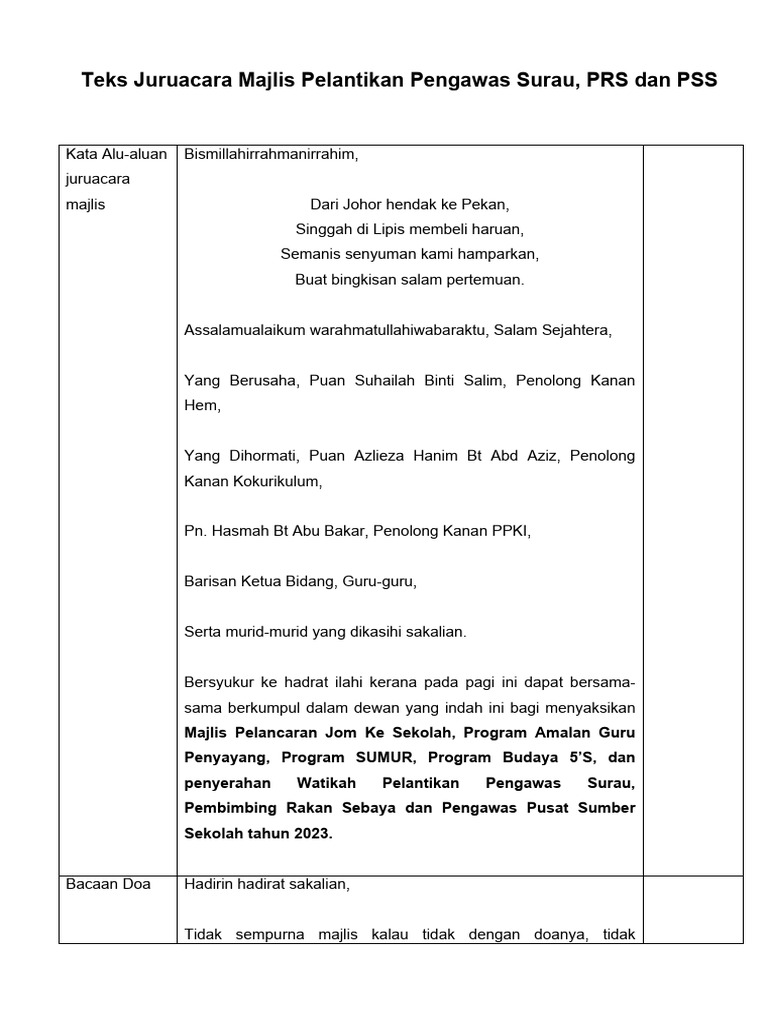 Teks Juruacara Majlis Pelantikan Pengawas Surau, PRS Dan PSS | PDF