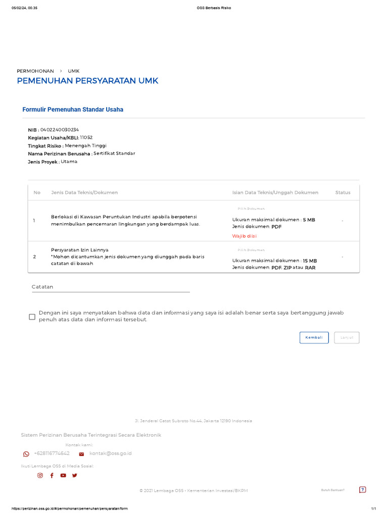 OSS Berbasis Risiko Data Pemenuhan Perizinan | PDF