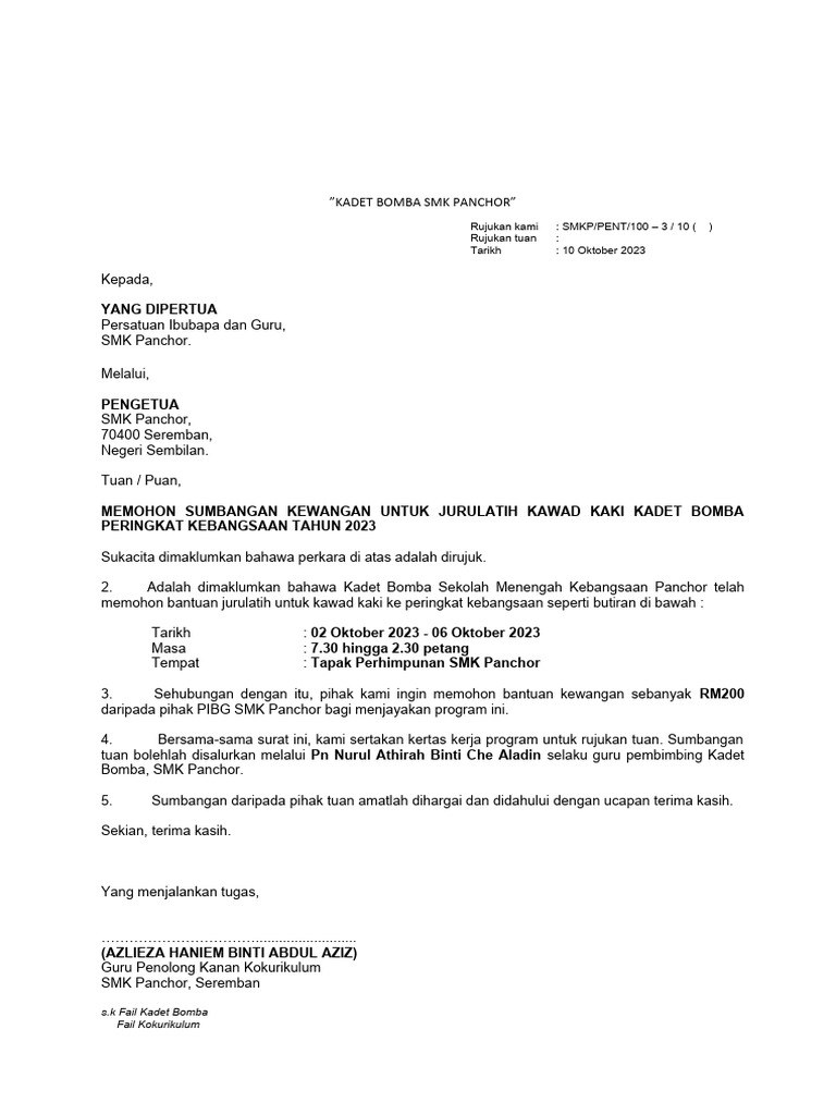 Surat Rasmi - Permohonan Sumbangan Pibg Kadet Bomba | PDF