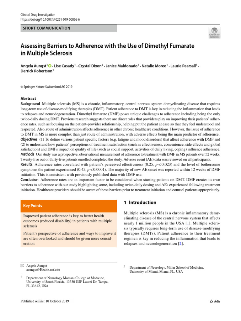 Assessing Barriers To Adherence With The Use of Dimethyl Fumarate ...