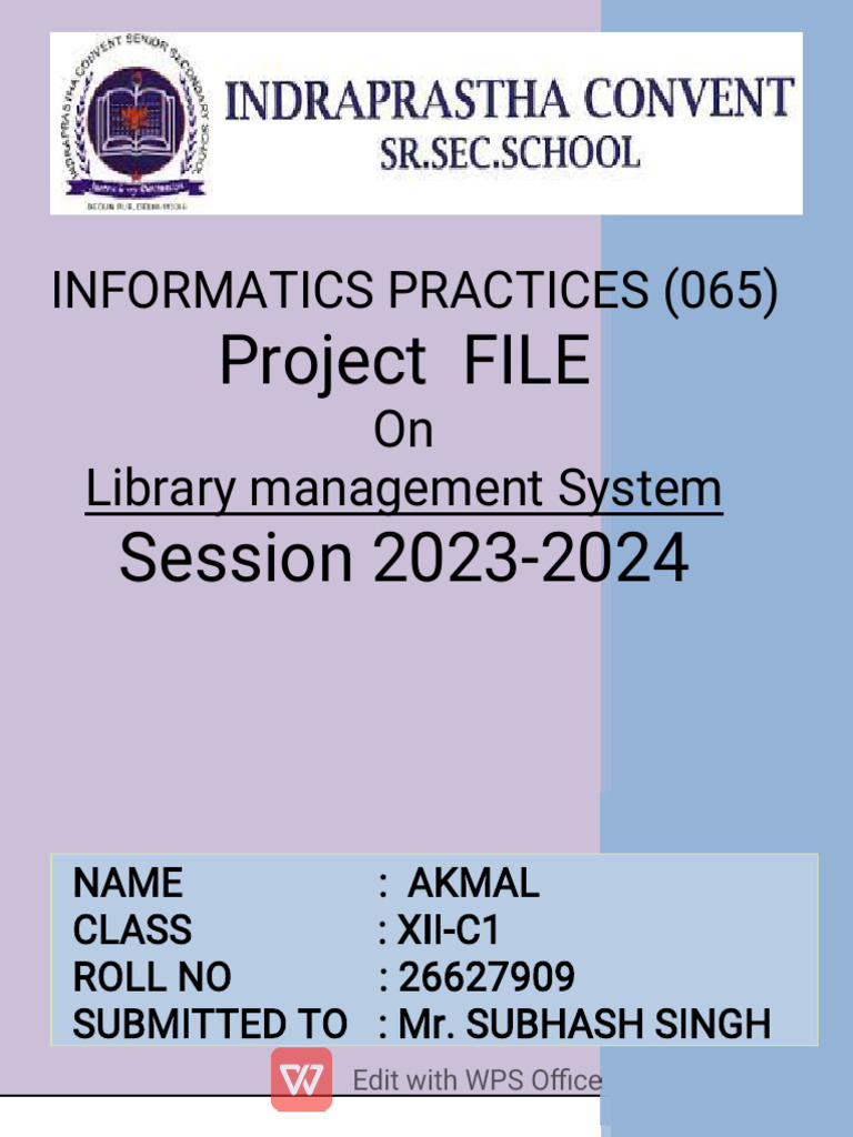 Class 12 Project File Library Management System Project No 4 Pdf