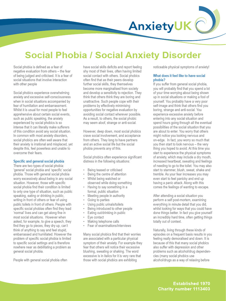Social PhobiaSocial Anxiety Fact Sheet Instant Download | PDF