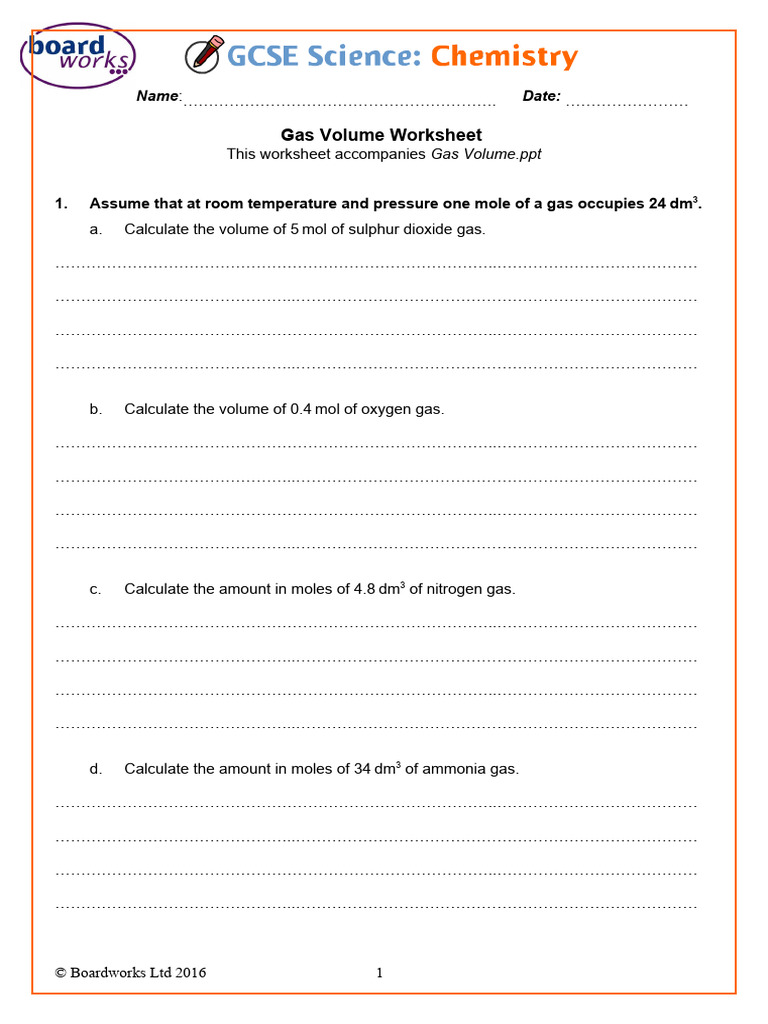 Gas Volume Worksheet | PDF