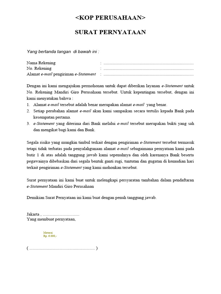 10.FORMULIR SURAT PERNYATAAN PENGIRIMAN e-STATEMENT GIRO PERUSAHAAN | PDF