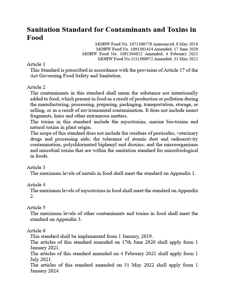 Sanitation Standard For Contaminants and Toxins in Food V | PDF ...