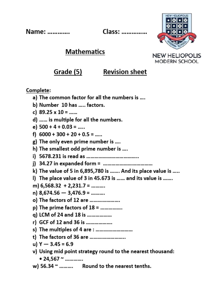 Revision Sheet Grade 5 | PDF