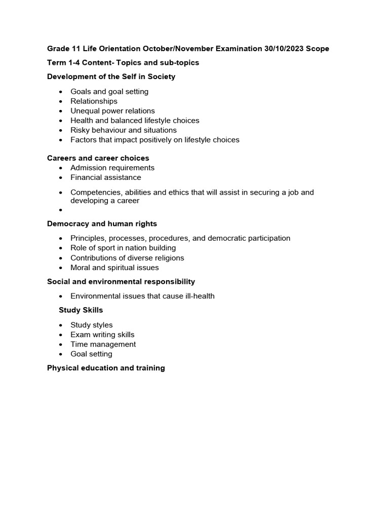 Grade 11 Life Orientation Exam Scope 2023 | PDF