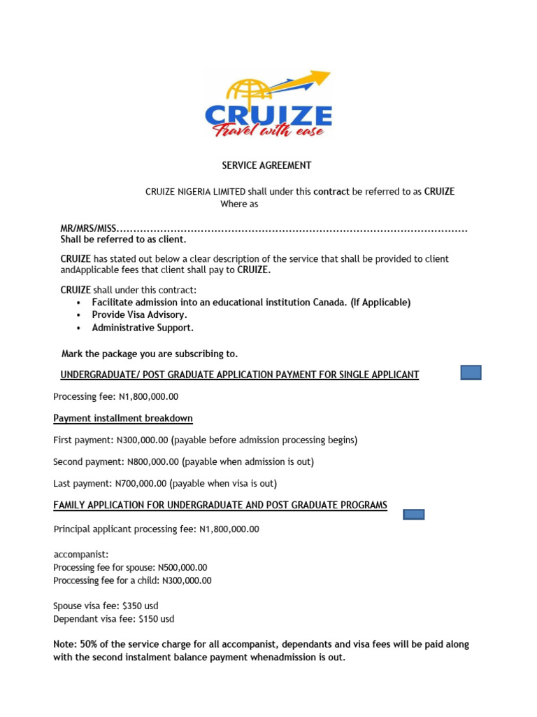 Cruize Service Agreement Form Updated Prem | PDF | Fee | Visa Inc.