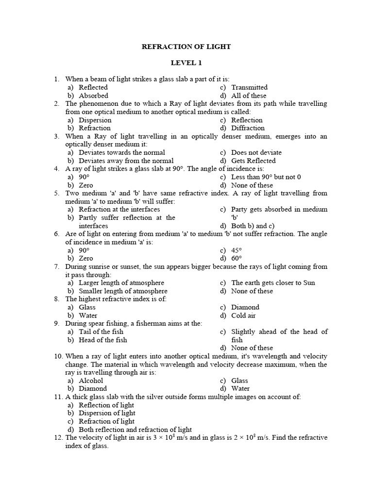 Arundeep's Refraction MCQ | PDF