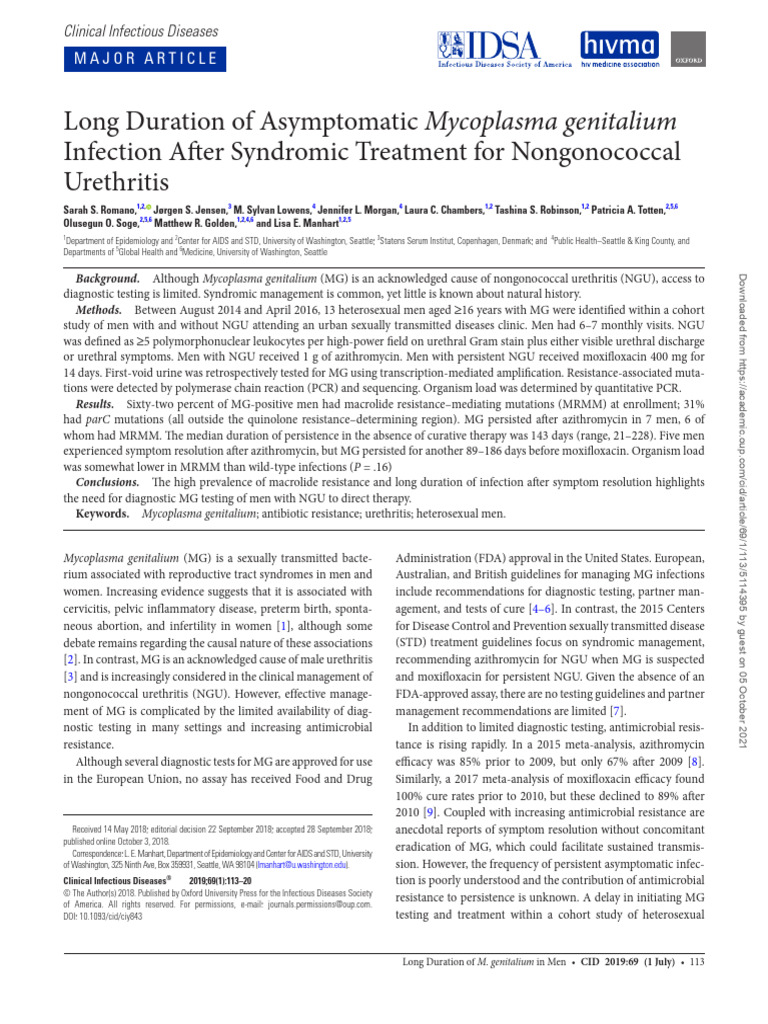 2019 Long Duration of Asymptomatic Mycoplasma Genitalium Infection After Syndromic Treatment For ...