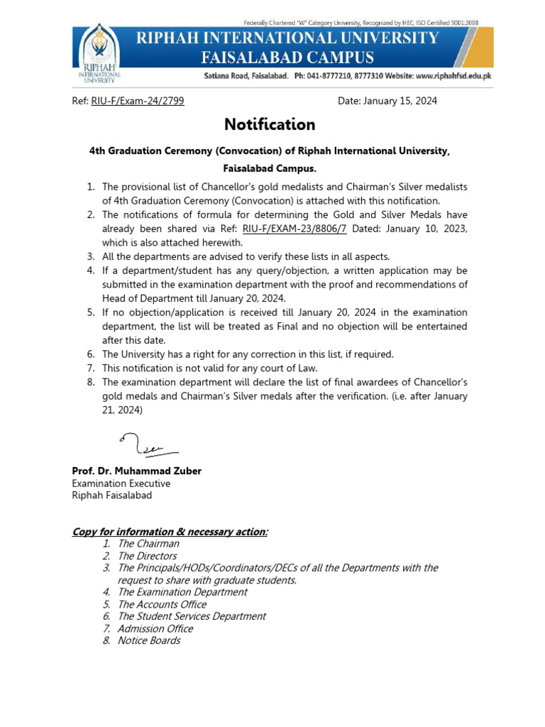 Notification (Provisional List of Gold and Silver Medals) - 1 | PDF