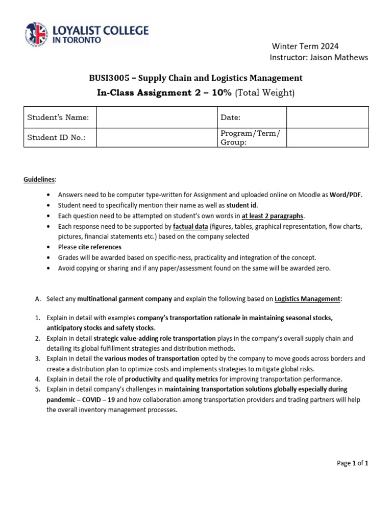 BUSI3005 - In-Class Assignment 2 | PDF | Logistics | Supply Chain
