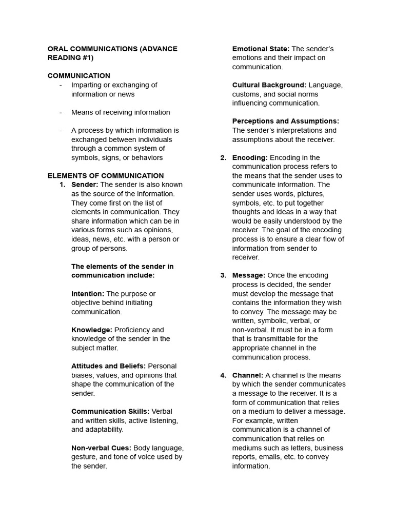 ORAL COMMUNICATIONS (ADVANCE READING #1) | PDF