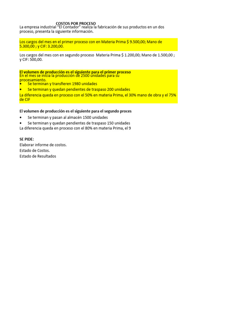 Ejercicio Costos Por Procesos - 3a | PDF
