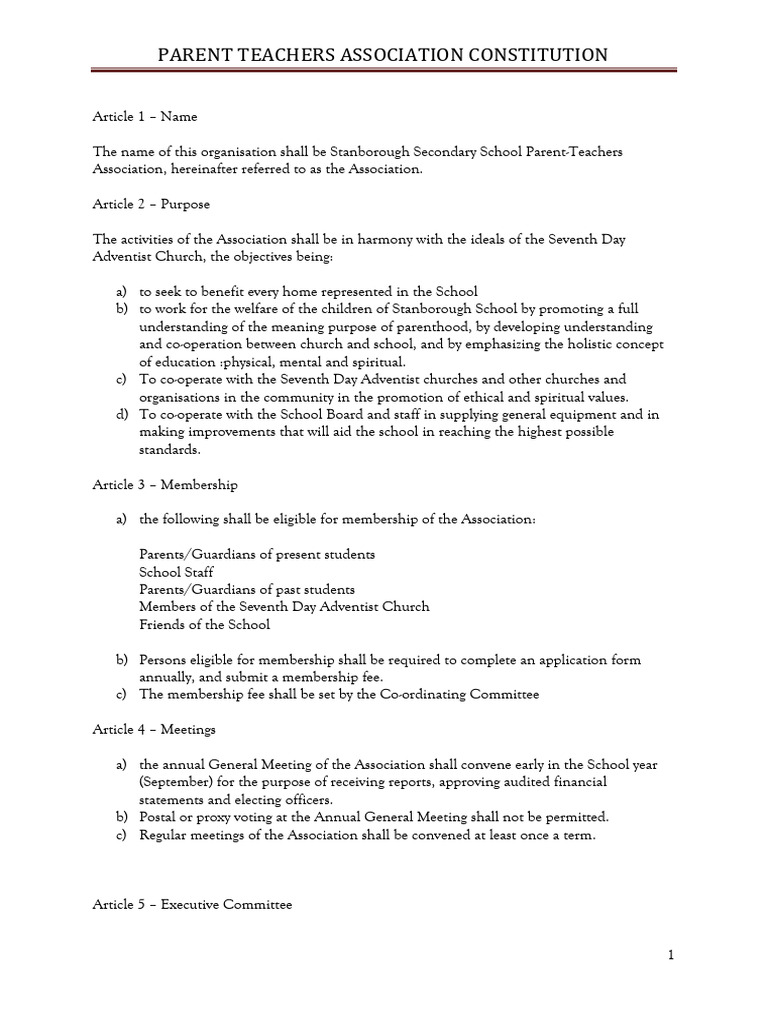 Parent Teachers Association Constitution | PDF