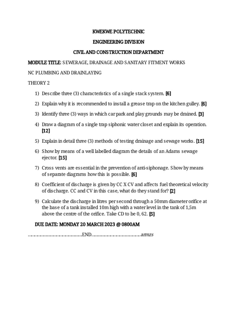 Sewerage, Drainage and Sanitary Fitment Works. Theory 2 Assignment | PDF