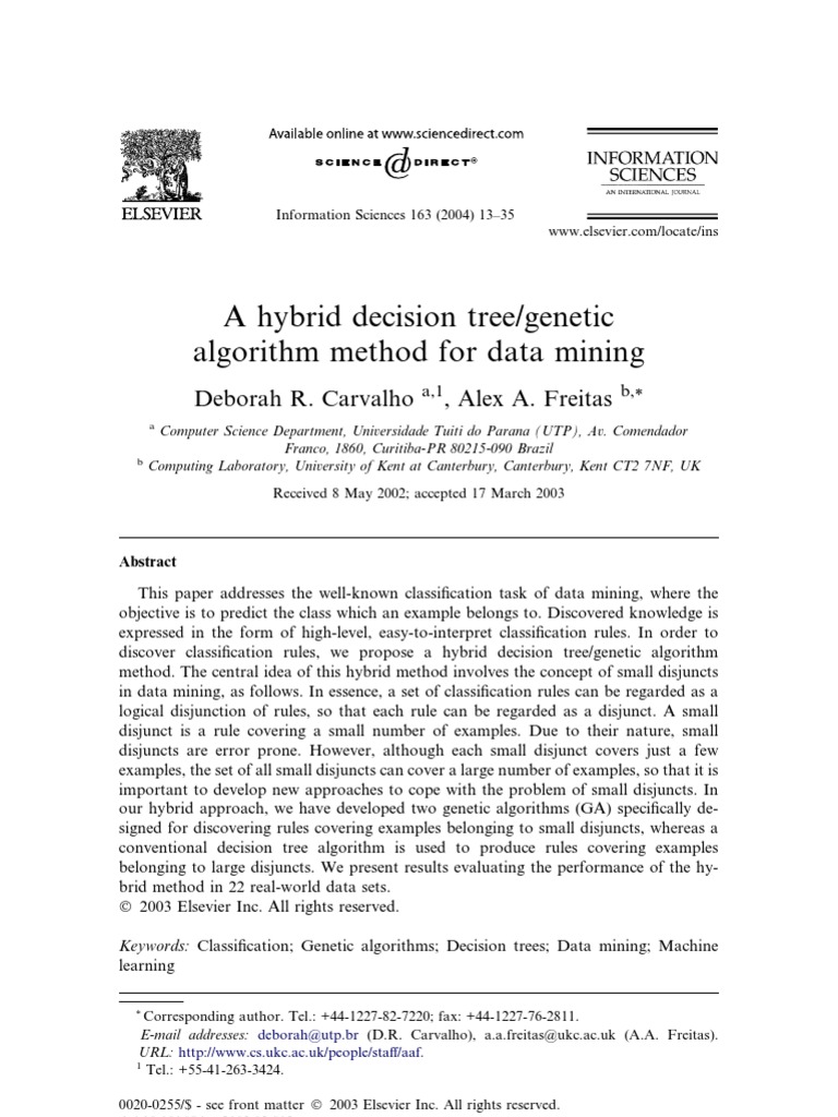A Hybrid Decision Treegenetic Algorithm Method For Data Mining Pdf