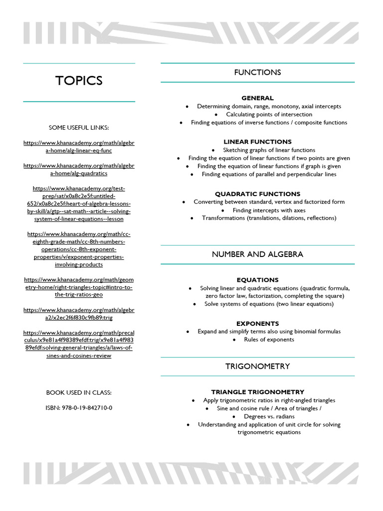 Lisa Topics For Entering Grade 10 Year 6 Pdf Trigonometry