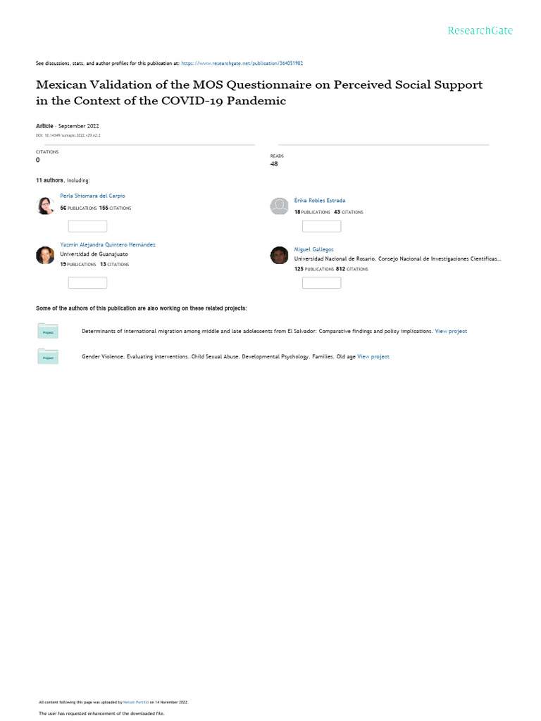 Mexican Validation of The MOS Questionnaire On Per | PDF | Social Support