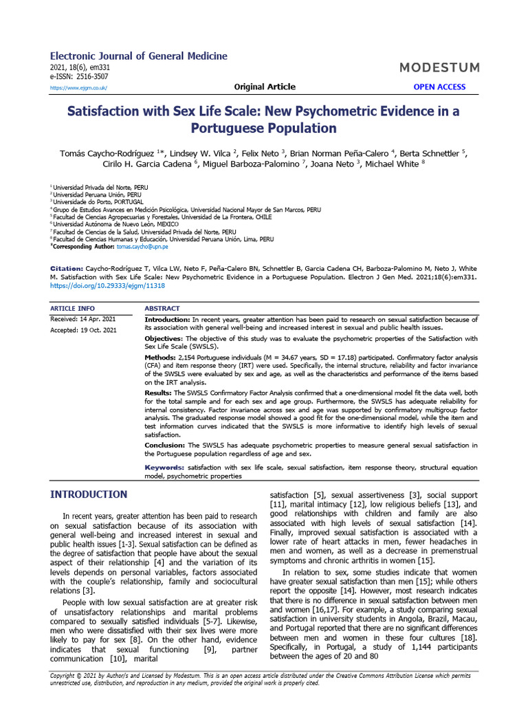 Satisfaction With Sex Life Scale New Psychometric Pdf Job Satisfaction Psychometrics