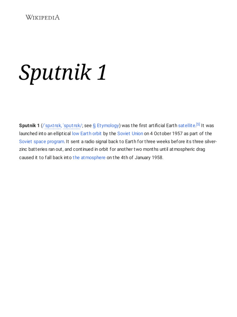Sputnik 1 - Wikipedia | PDF | Sputnik 1 | Outer Space