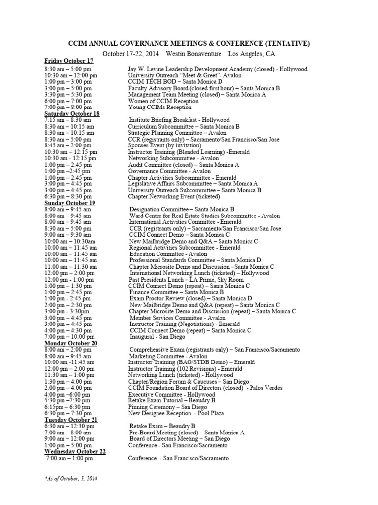 2014 Annual Governance Meetings Conference Schedule Rooms | PDF