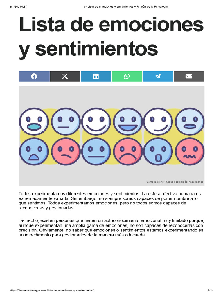 Lista de Emociones y Sentimientos Rincón de La Psicología | PDF | Las emociones | Pensamiento