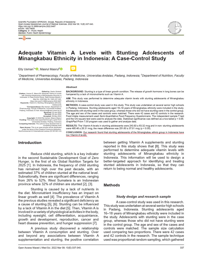 Adequate Vitamin A Levels With Stunting Adolescents of Minangkabau Ethnicity in Indonesia-A Case ...