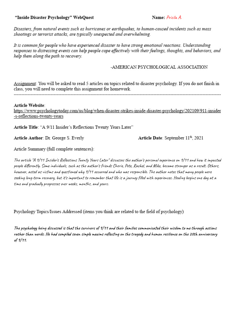 Inside Disaster Psychology Webquest | PDF