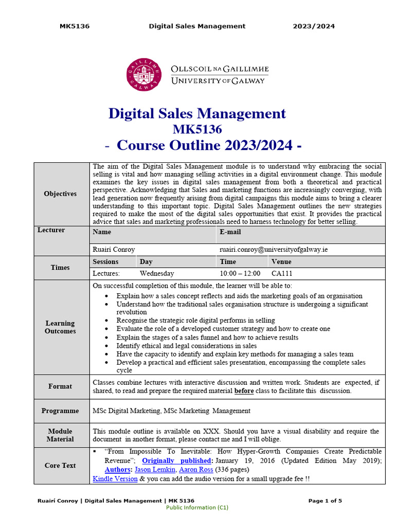 Digital - Sales - MGMT - MK5136 - Course Outline - 2023 - 2024 | PDF