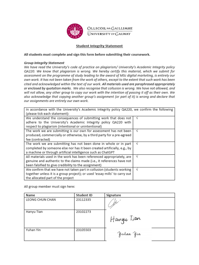 Student Integrity Statement | PDF | Plagiarism
