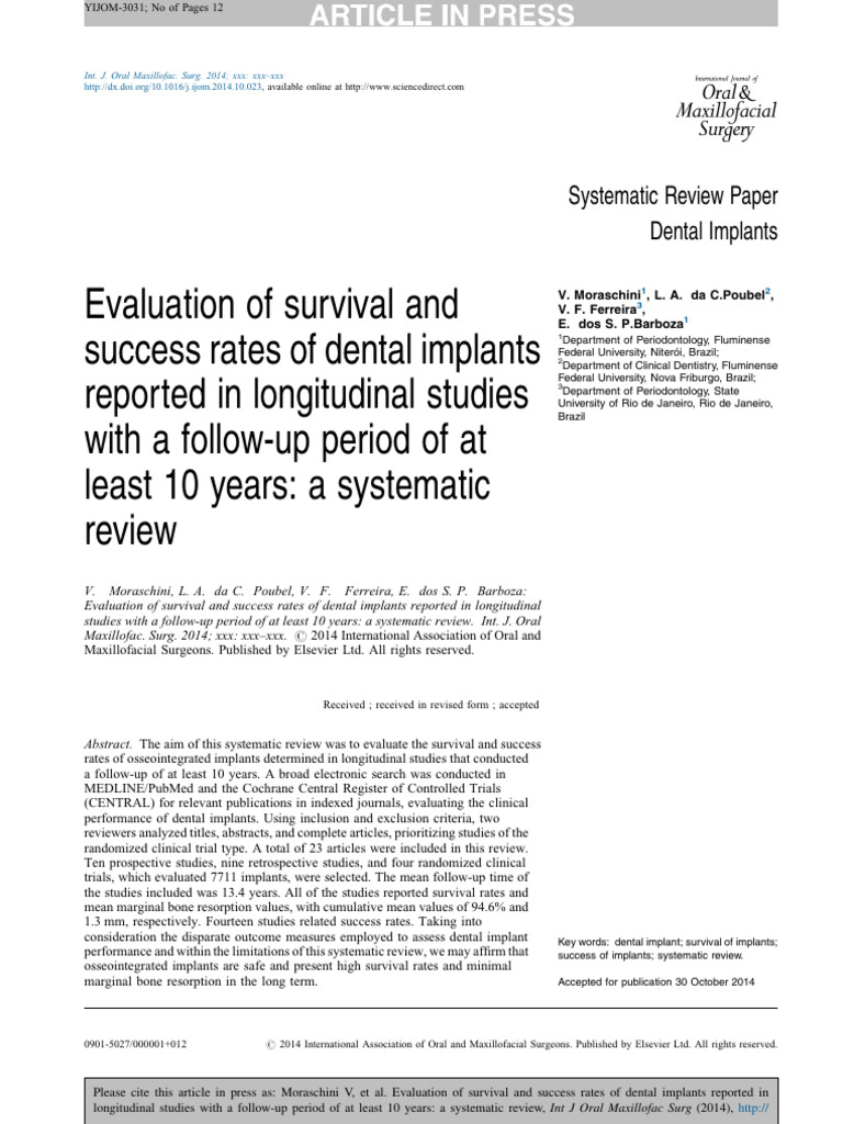 Evaluation of Survival and Success Rates of at Least 10 Years ... Evaluation of Survival and Success Rates of at Least 10 Years ...