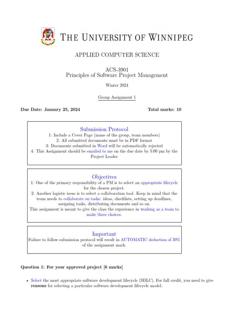 Applied Computer Science ACS-3901 Principles of Software Project Management | PDF