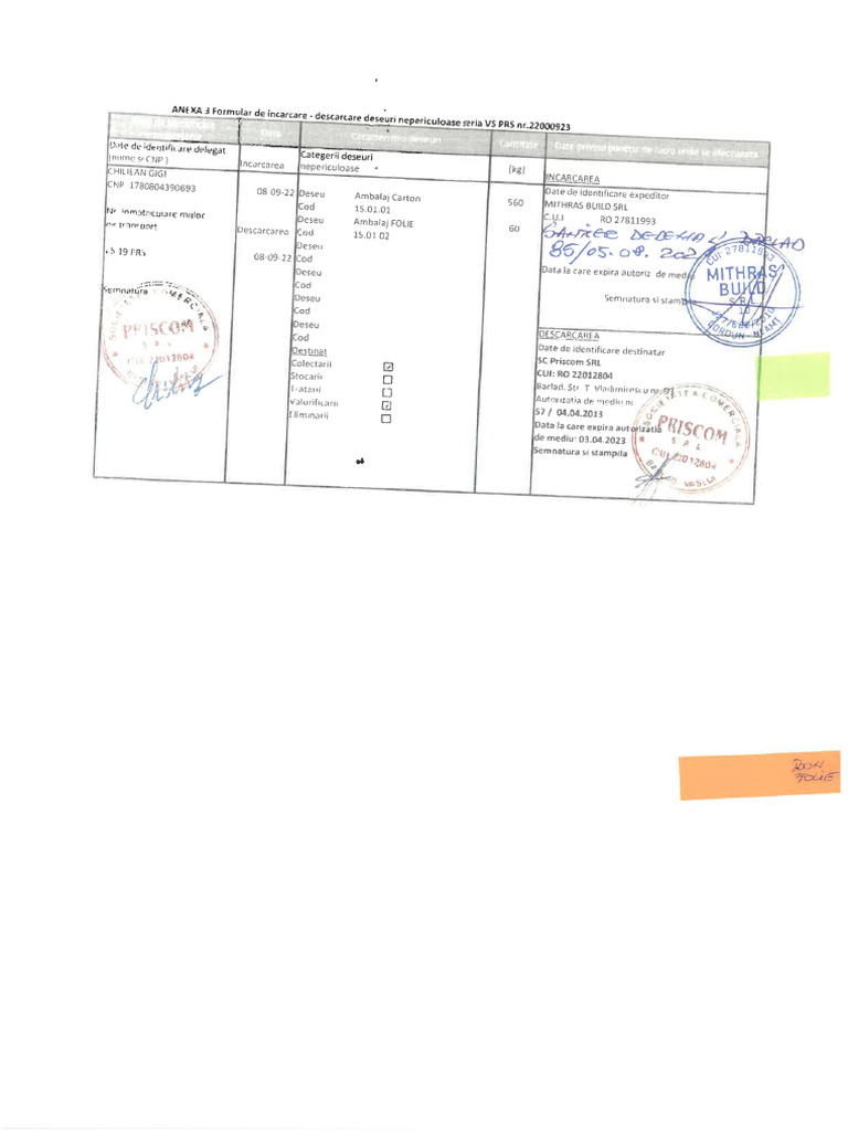 Formular de Incarcare Descarcare+tichet de Cantar Folie | PDF