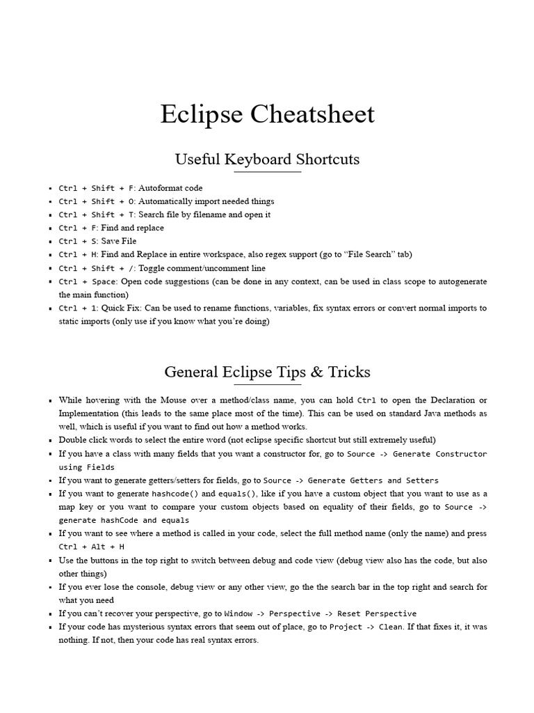 Eclipse Cheatsheet | PDF