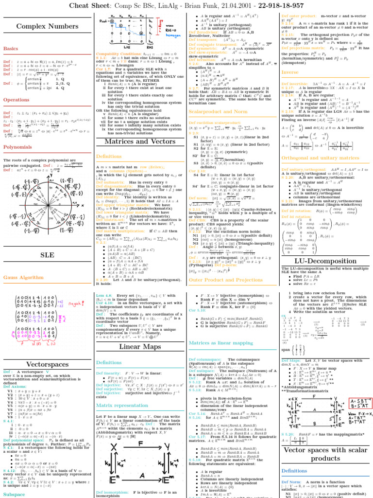 BSC, HS23 - CheatSheet LinAlg. | PDF | Linear Subspace | Vector Space