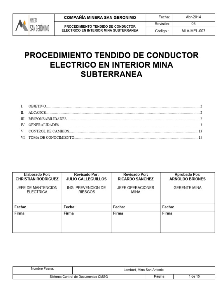 MLA-MEL-007 Procedimiento tendido de cable en interior mina | PDF ...